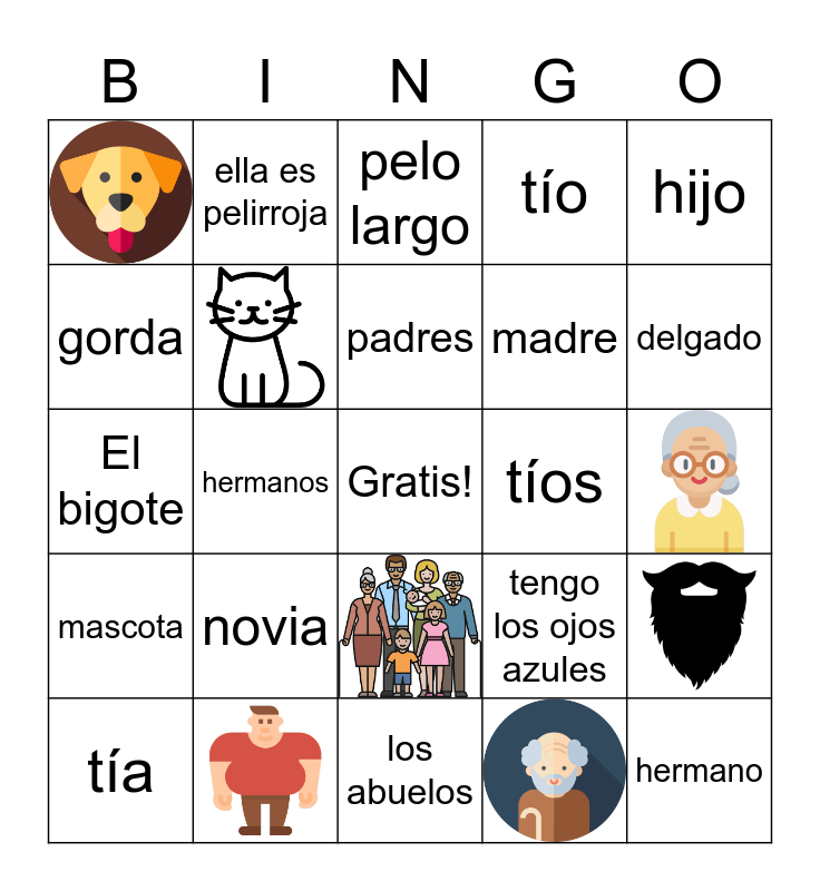 la familia y las descripciones fisicas Bingo Card