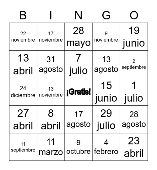 Mi cumpleaños es el ___ de ________ Bingo Card
