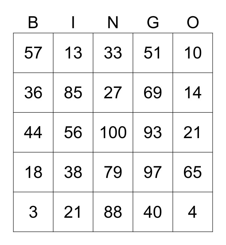 Bingo 1-100 Bingo Card