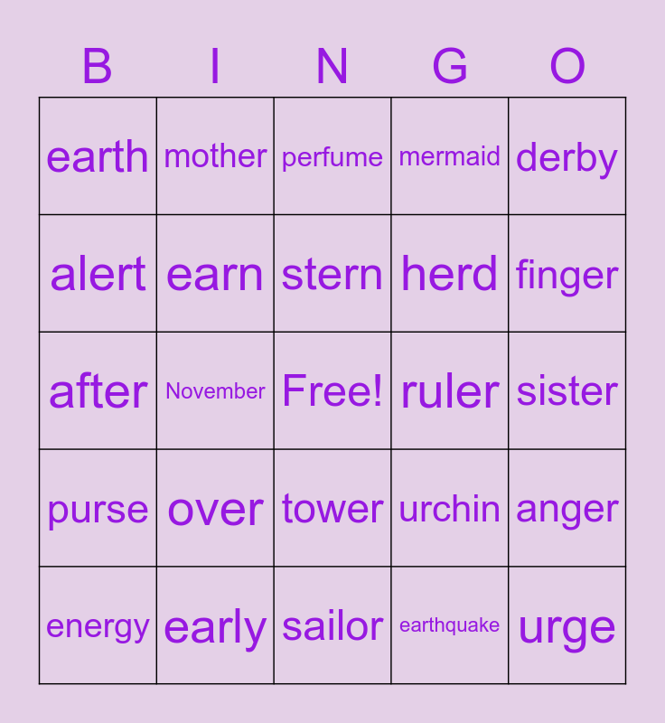 ER WORDS Bingo Card ER WORDS Bingo Card
