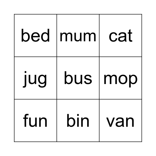 Words Bingo Card