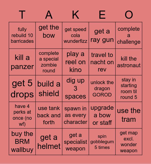 BO3 Zombies Board Bingo Card