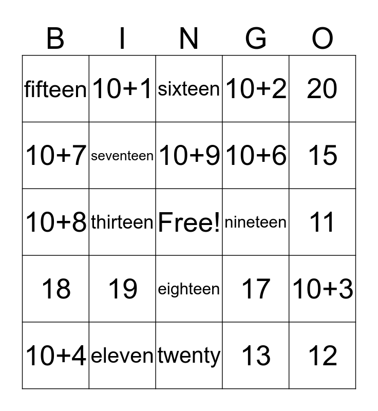 Numbers 11-20 Bingo Card
