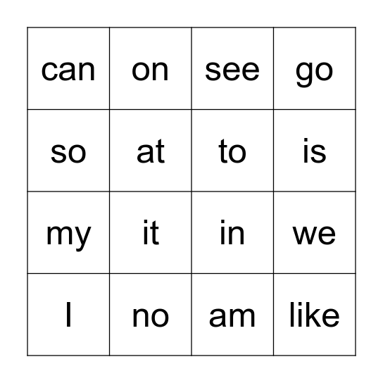 25 High Frequency Word List Bingo Card