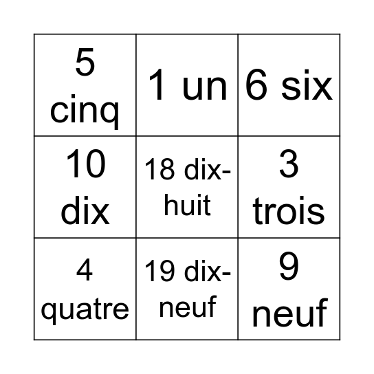 Les nombres de 0 à 20 Bingo Card