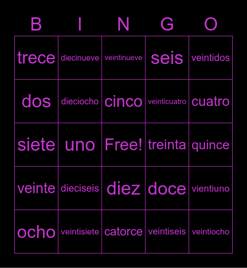 Spanish Numbers Bingo Card