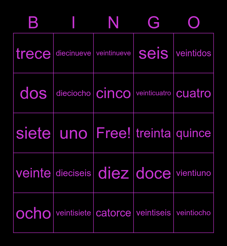 Spanish Numbers Bingo Card