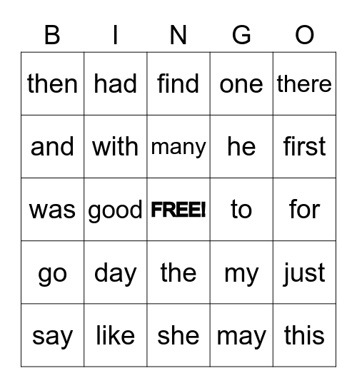 Sight Word Bingo Card