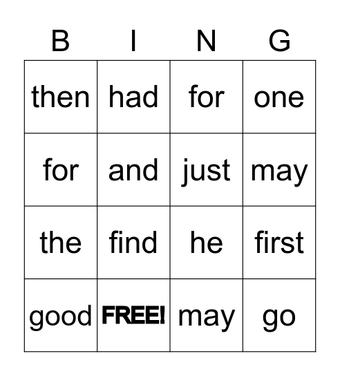 Sight Word Bingo Card