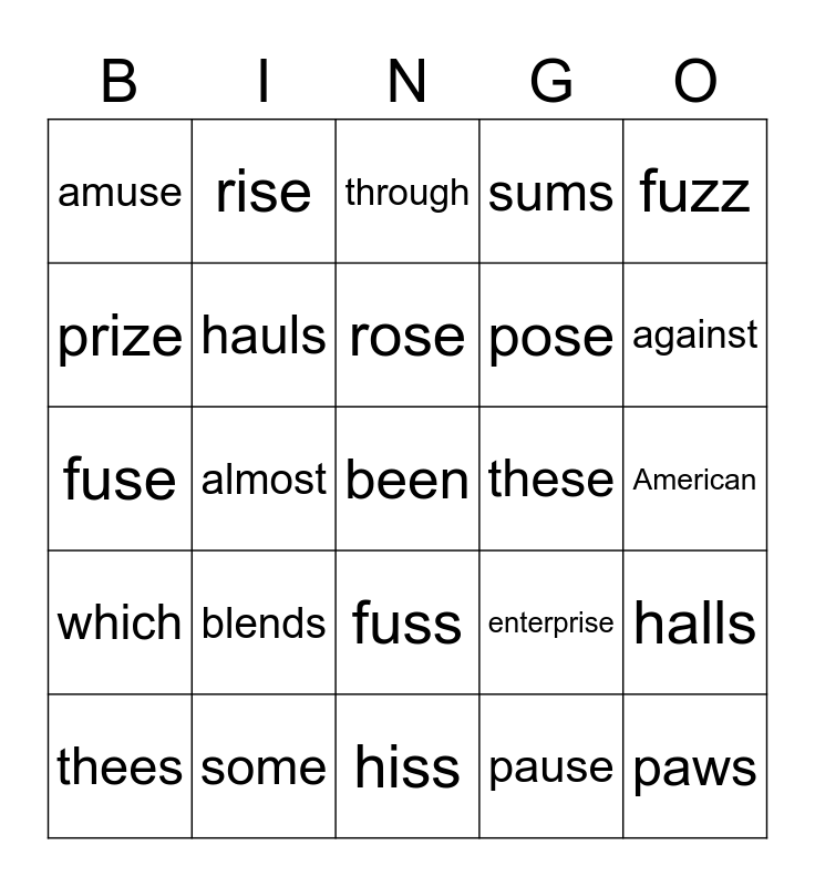 /z/ spelled s, homophones, red words Bingo Card