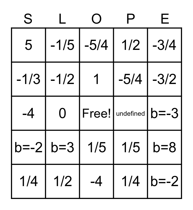 Slope Bingo Card