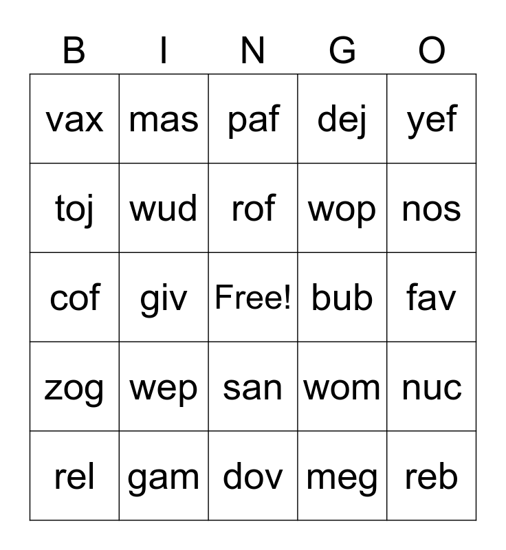 Short A, E, O, and U Sound Bingo Card