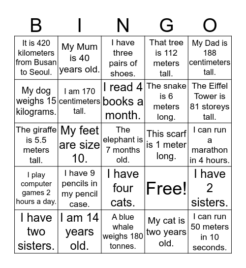 Number Question Bingo Card