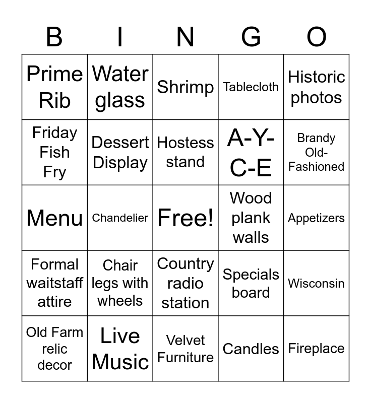 70's Wisconsin Supper Club Bingo Card