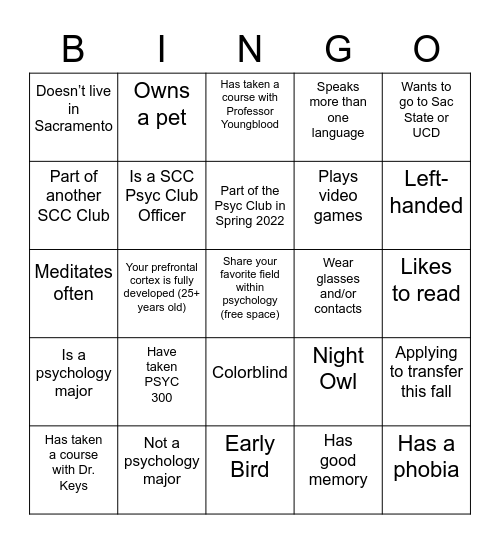 SCC Psychology Club Bingo Card