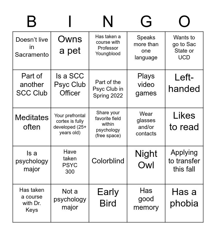 SCC Psychology Club Bingo Card