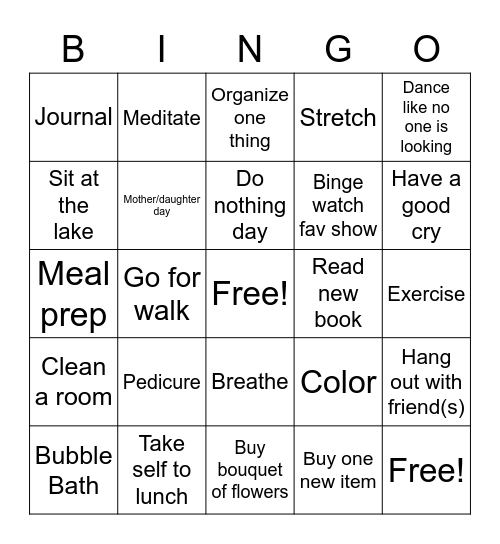 Self-Care Bingo Card