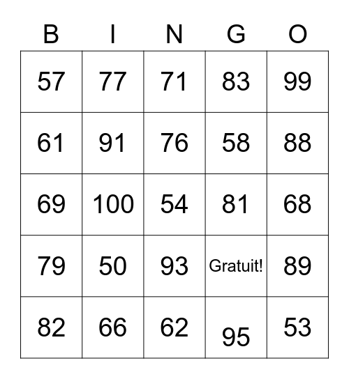 Les nombres 50 à 100 Bingo Card
