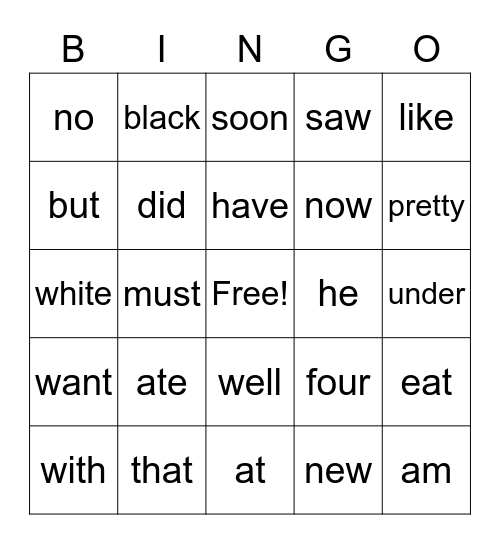 Dolch Word List - Primer Bingo Card