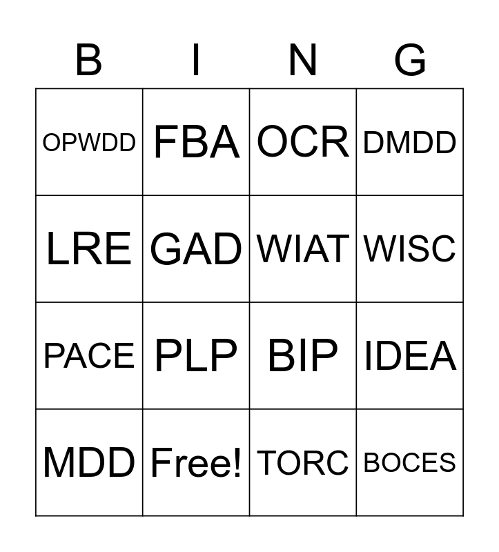 Acronym Bingo! Bingo Card