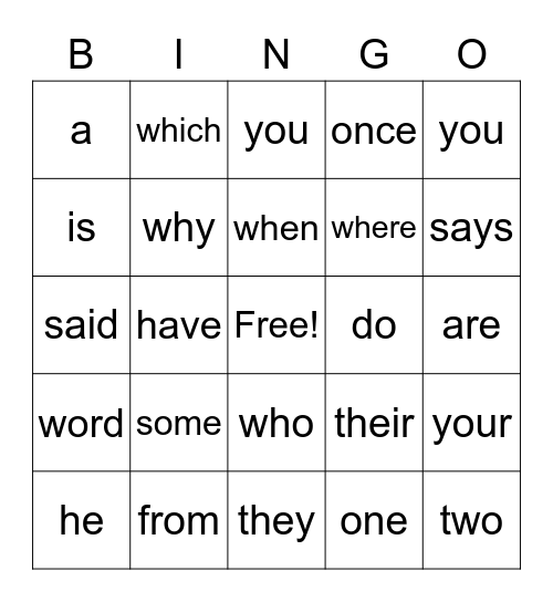Tricky Word Bingo Card