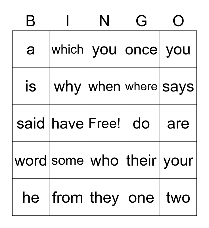 Tricky Word Bingo Card