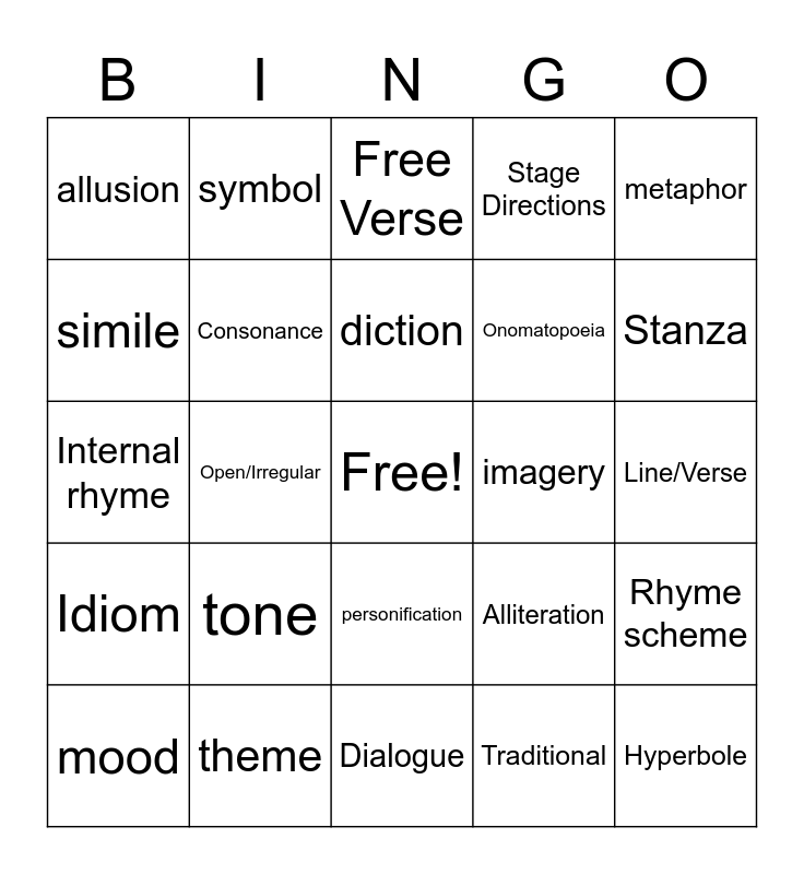 Poetry & Drama BINGO Card