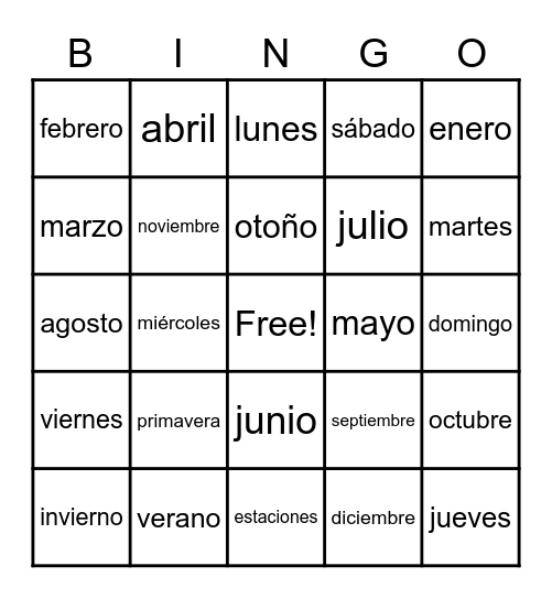 Estaciones, meses, días Bingo Card