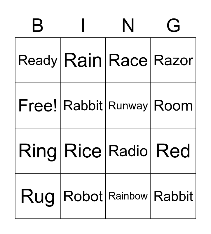 "R" Words Bingo Card