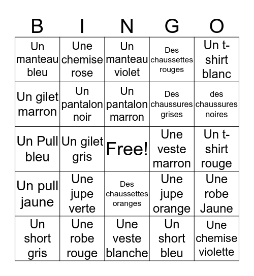 Les Vêtements et les Couleurs Bingo Card