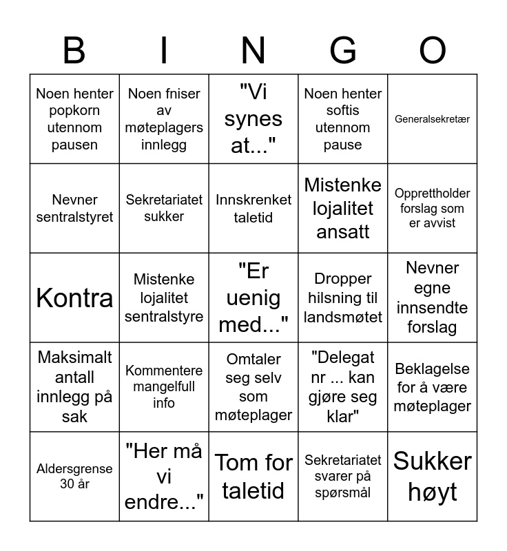 Landsmøtebingo - møteplager Bingo Card