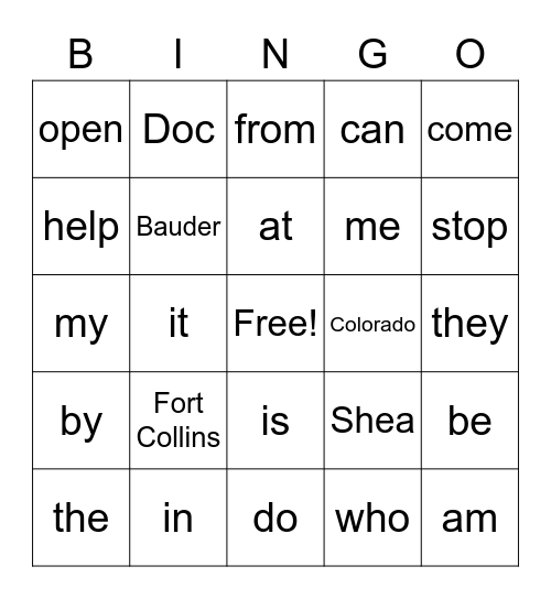Sight Words Bingo Card