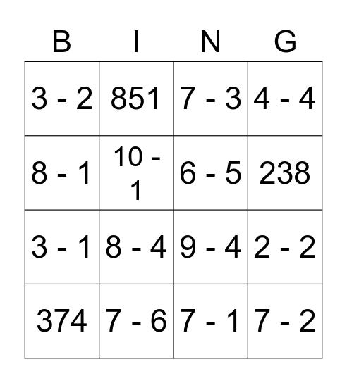 Subtraction Bingo Card