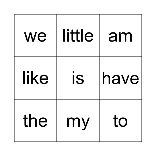 Kindergarten Sight Word Bingo Card