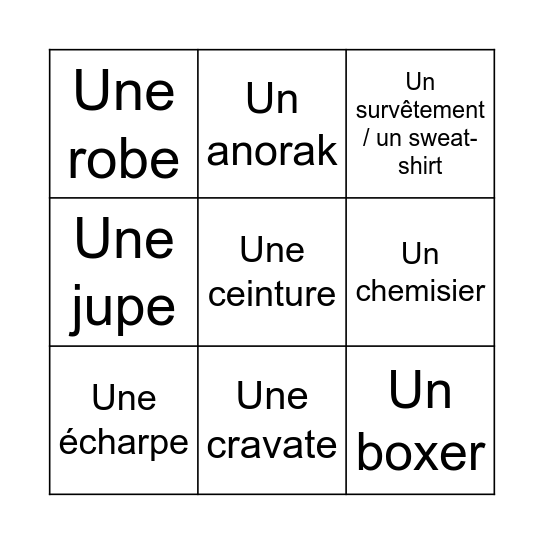 Vocabulaire des vêtements Bingo Card