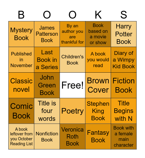 November Reading Challenge Bingo Card