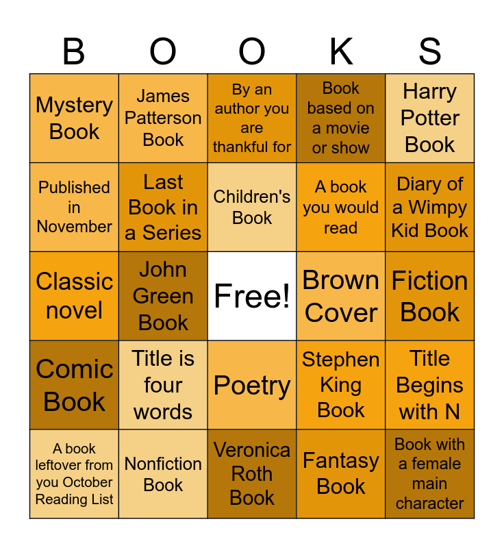 November Reading Challenge Bingo Card