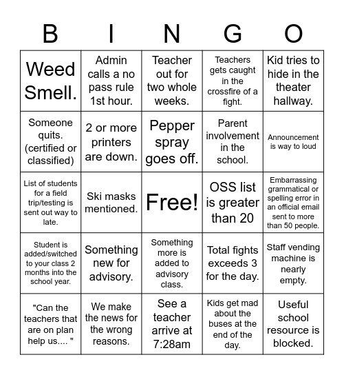 A Normal Day Bingo Card