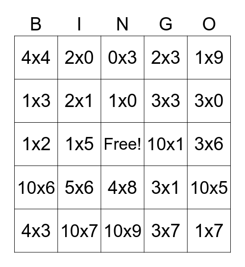 Multiplication Bingo Card