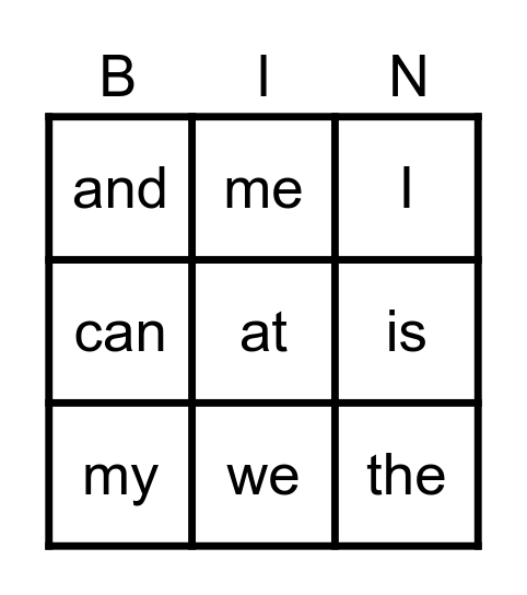 Common Words Bingo Card