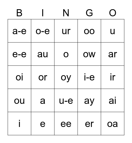 Vowel Sounds Bingo Card