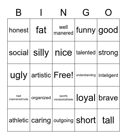 Adjectives Bingo Card