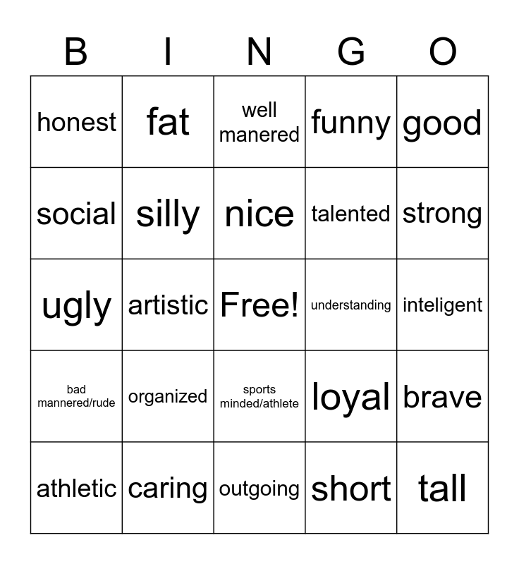 Adjectives Bingo Card