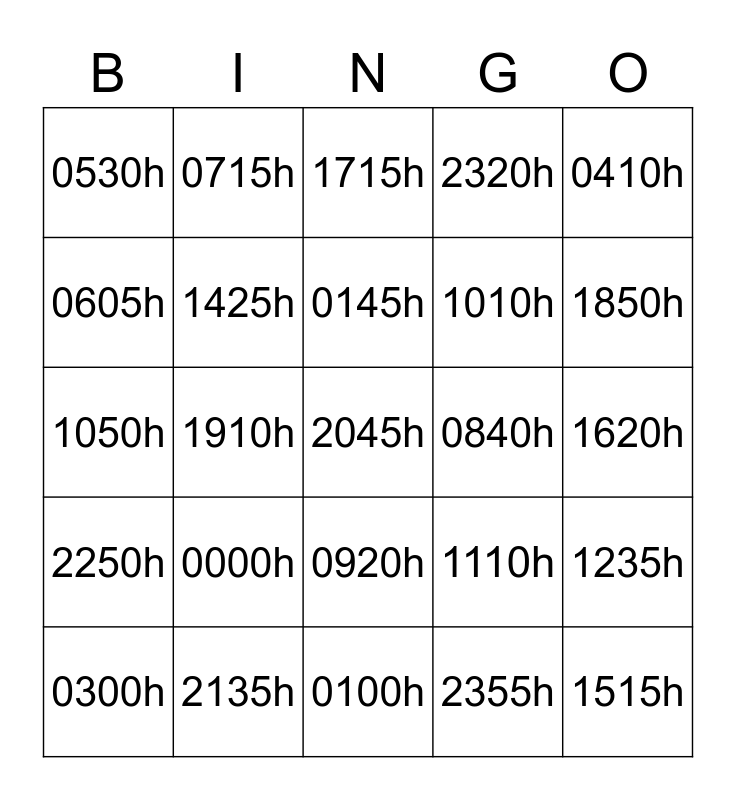 Mr Jensen's 12 to 24 hour Bingo Card