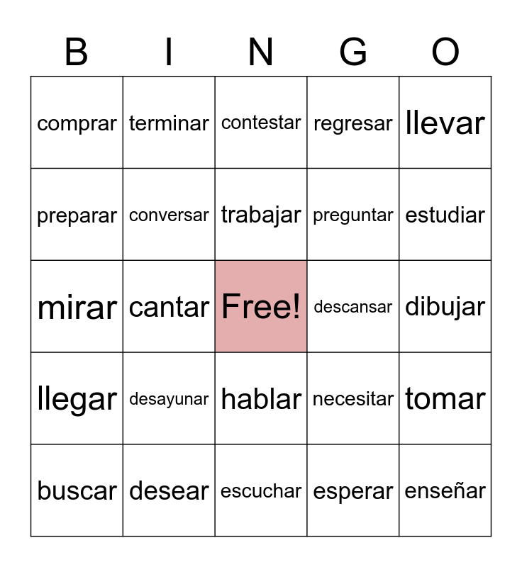 -ar verbs (present tense) Bingo Card