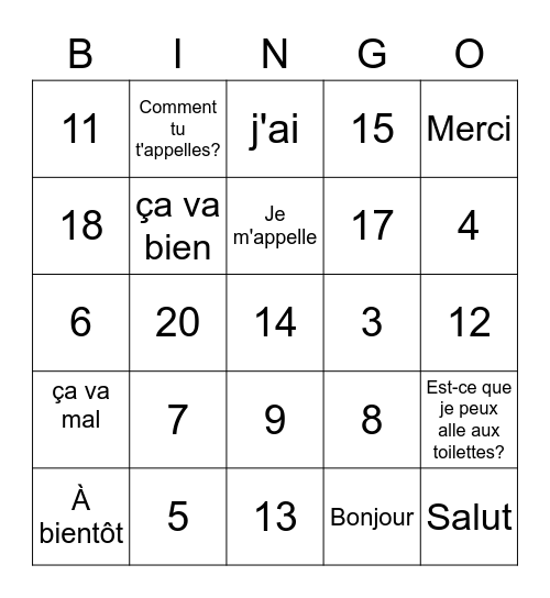 Salutations et nombres 1-20 Bingo Card