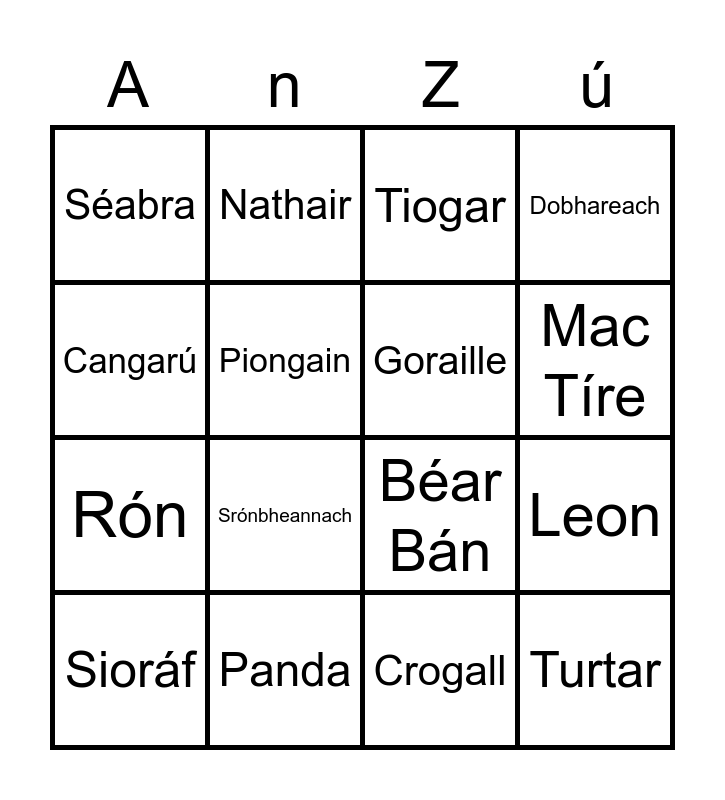 Bingó as Gaeilge - An Zú Bingo Card