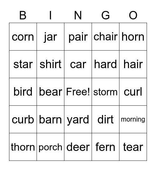 Unit 2: R-Controlled Vowels Bingo Card