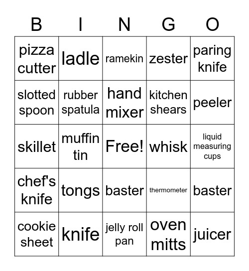 Kitchen Tools Bingo Card