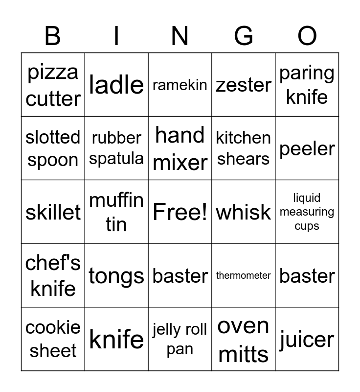 Kitchen Tools Bingo Card